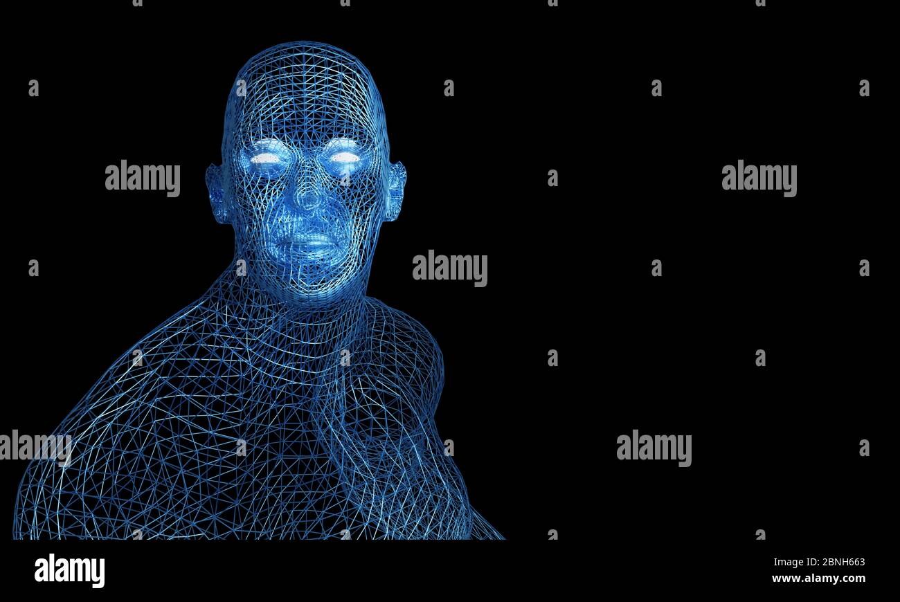 Blue wire frame man body and head on black background. 3D illustration ...
