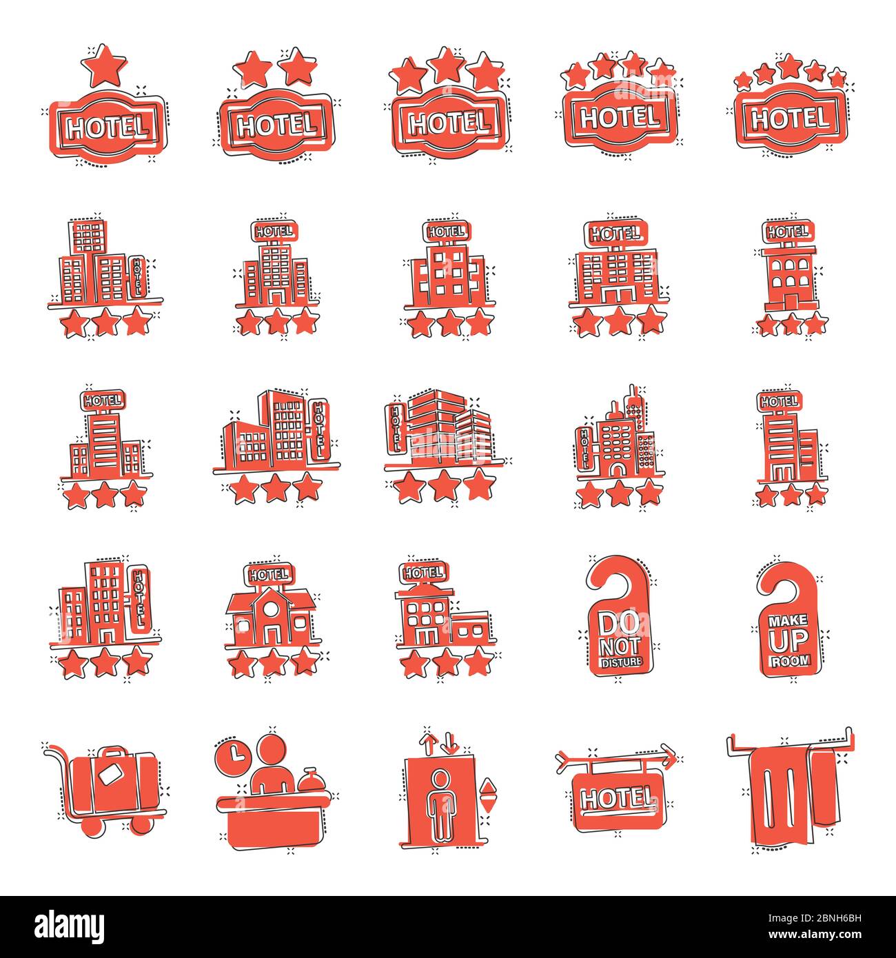 Hotel icon set in comic style. Booking cartoon vector illustration on ...