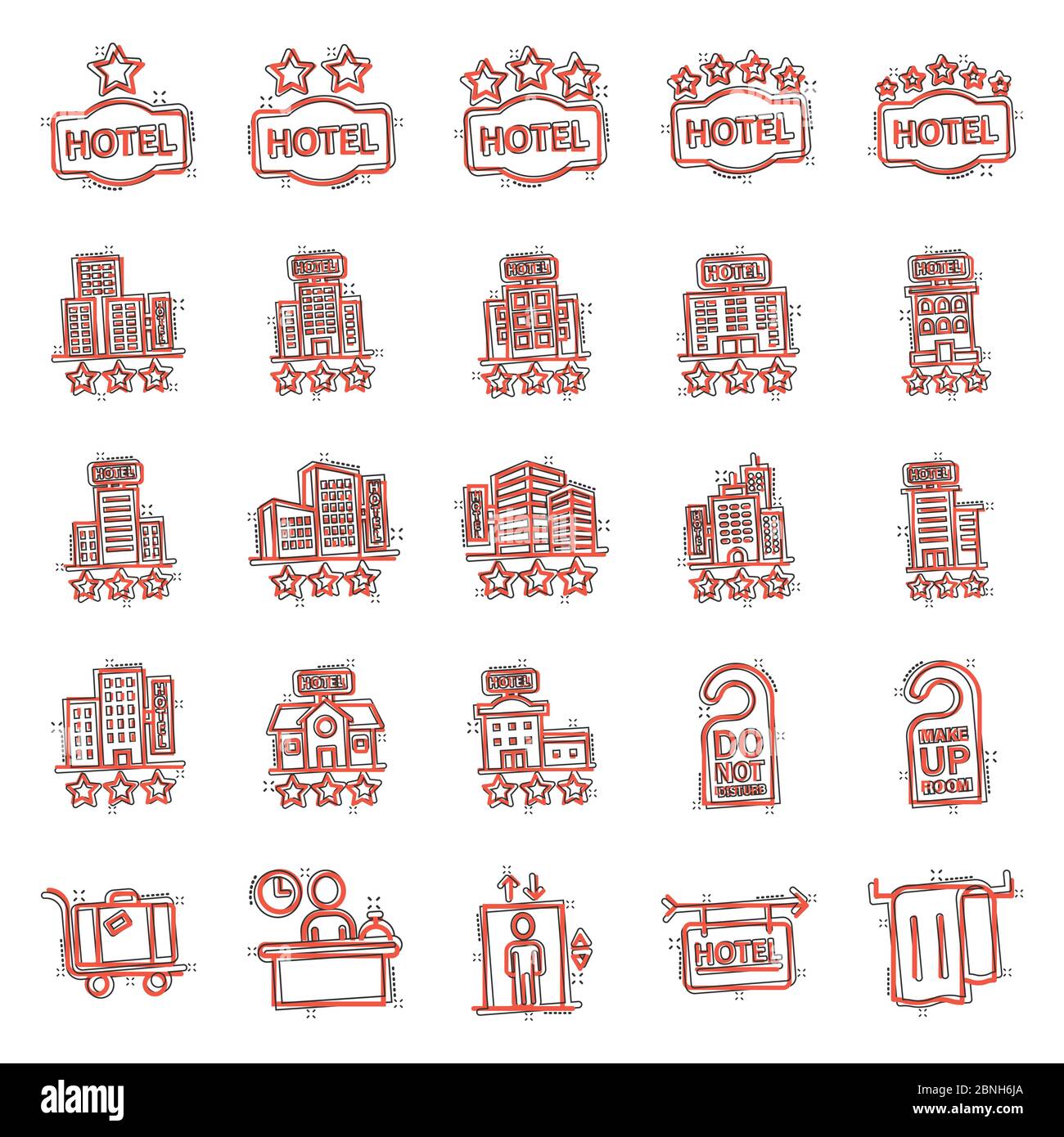 Hotel icon set in comic style. Booking cartoon vector illustration on ...