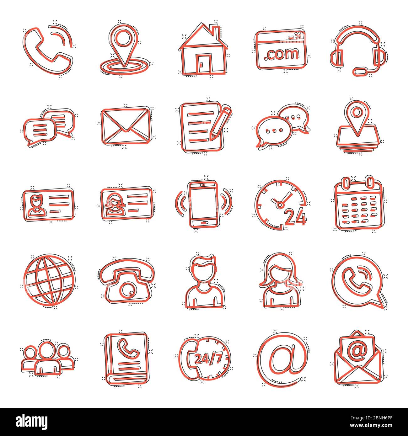 Contact icon set in comic style. Phone communication cartoon vector ...