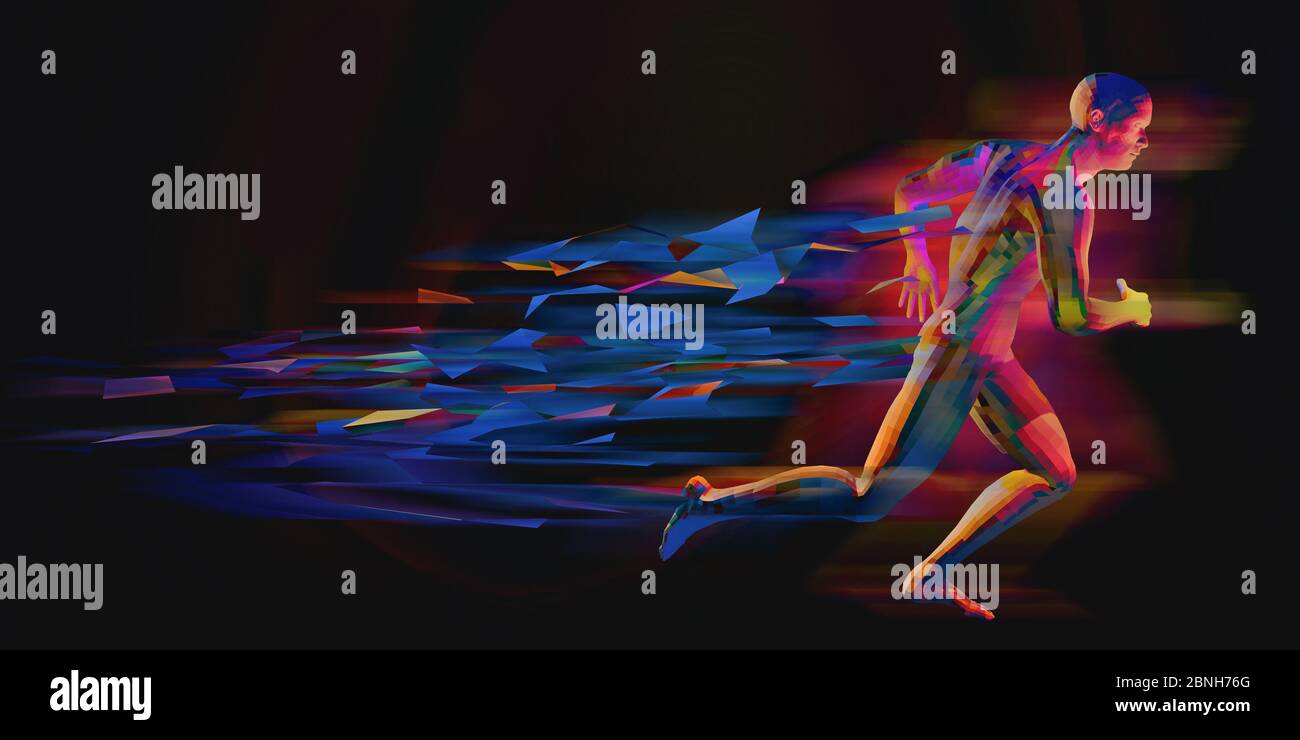 Low poly runner with small traingle on black background. Speed, run ...