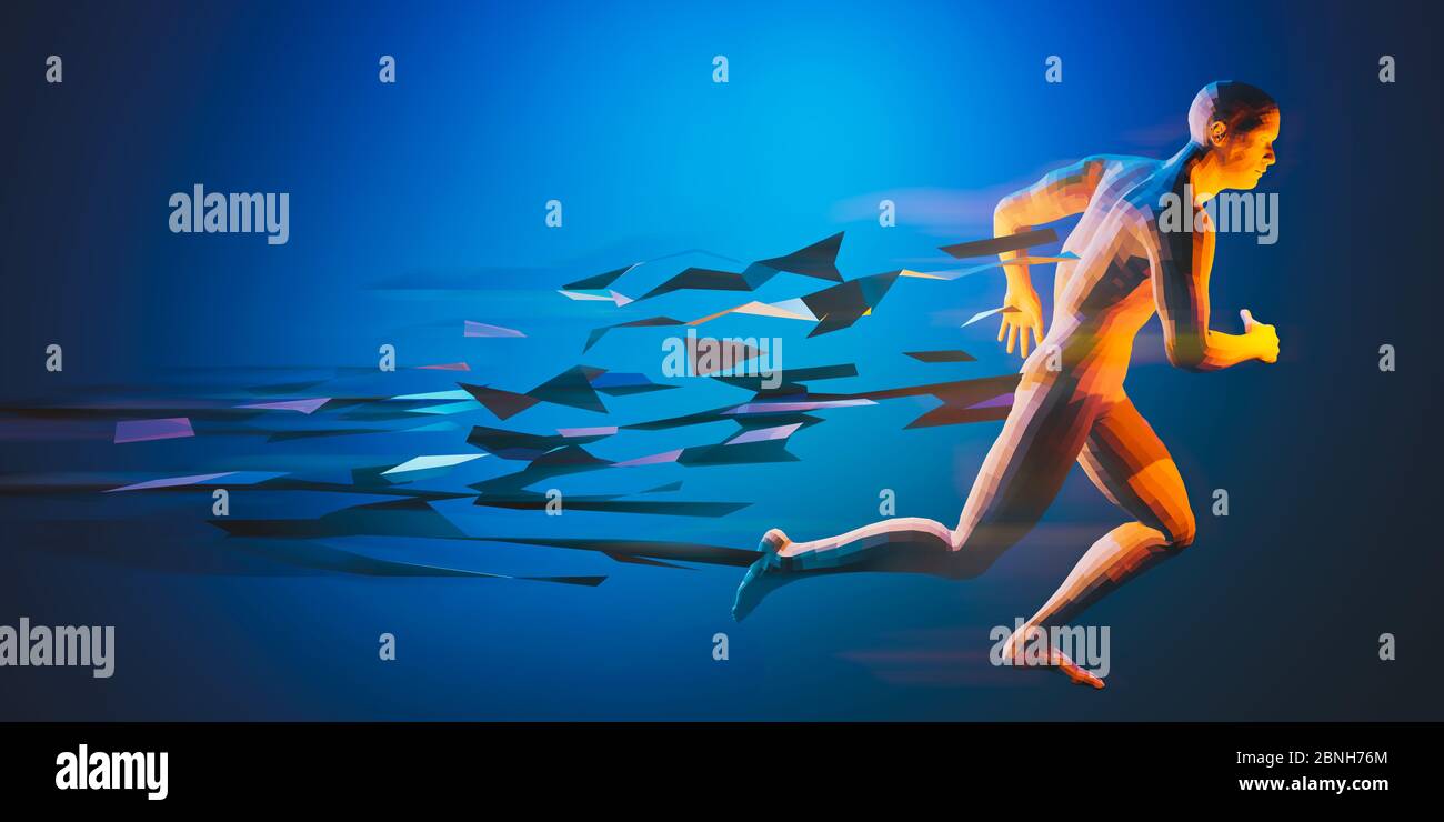 Low poly runner with small traingle on blue background. Speed, run ...