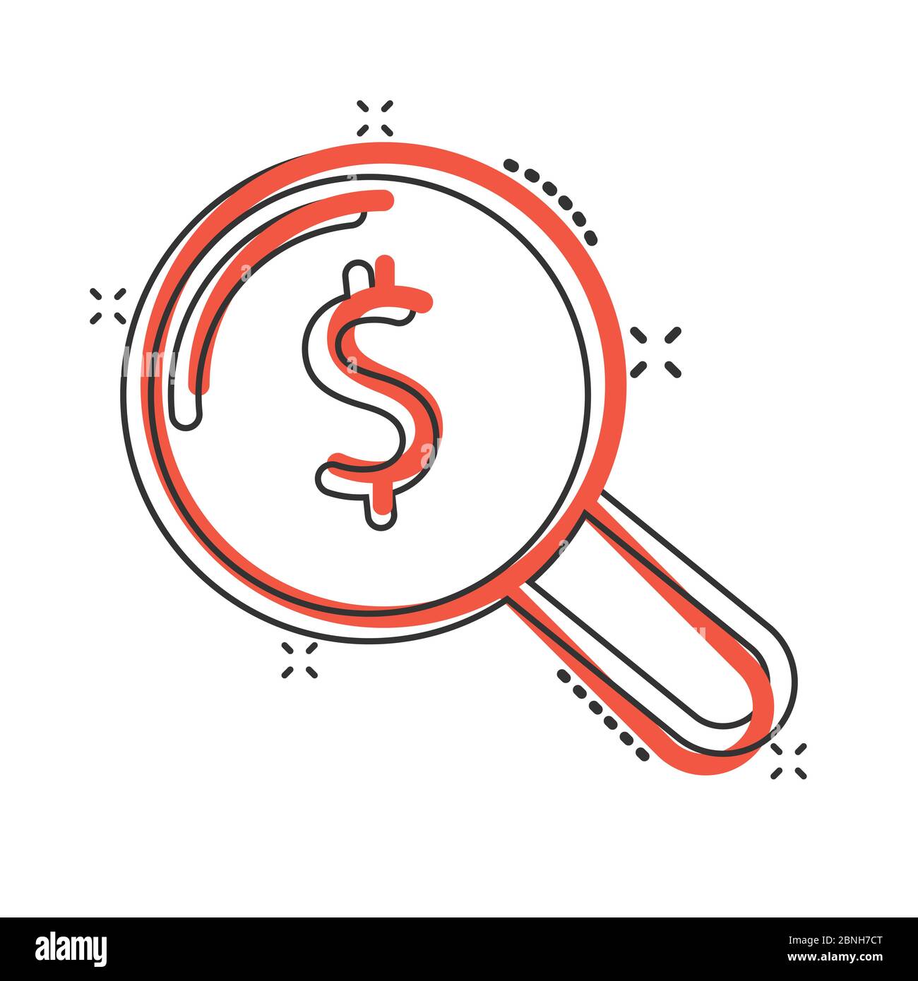 Magnifier glass with money icon in comic style. Dollar search cartoon ...