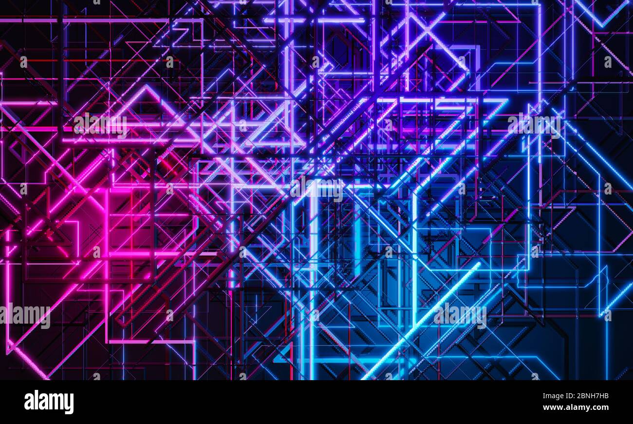 Abstract colorful neon line on dark background in blue and violet color ...
