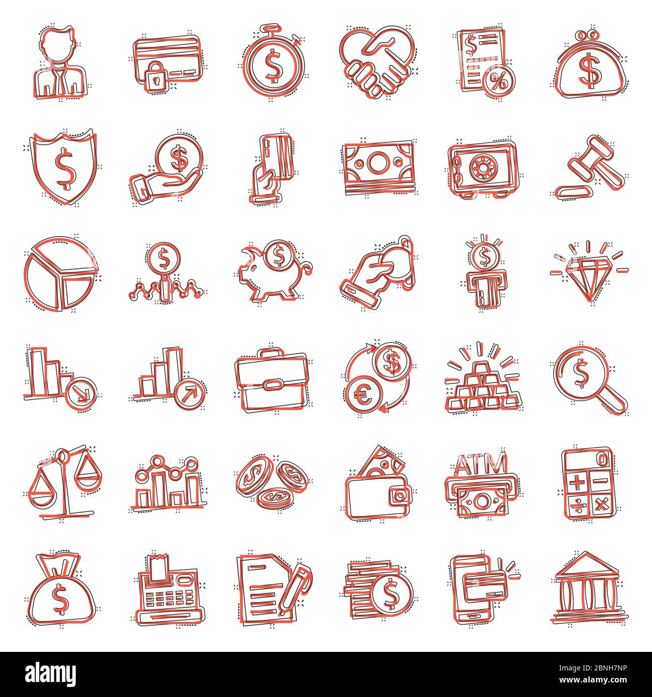 Business thin line icon set in comic style. Finance investment cartoon ...