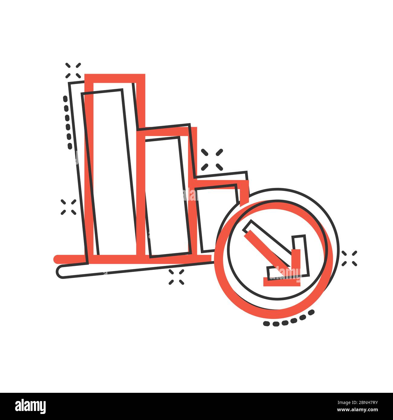 Market trend icon in comic style. Decline arrow with magnifier cartoon vector illustration on ...