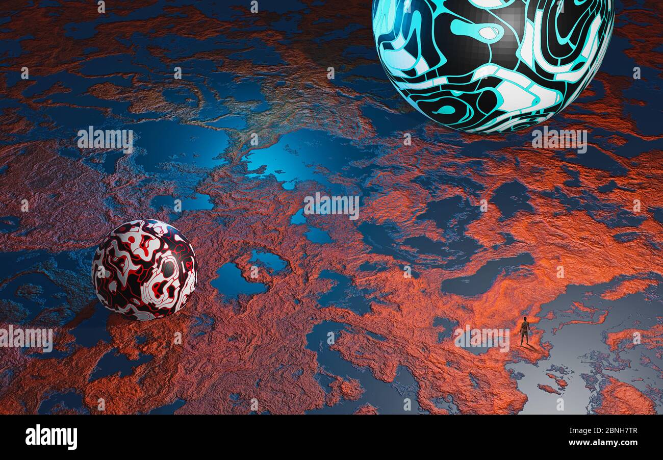 Man standing on surface of planet with two colorful sphere in sci-fi ...