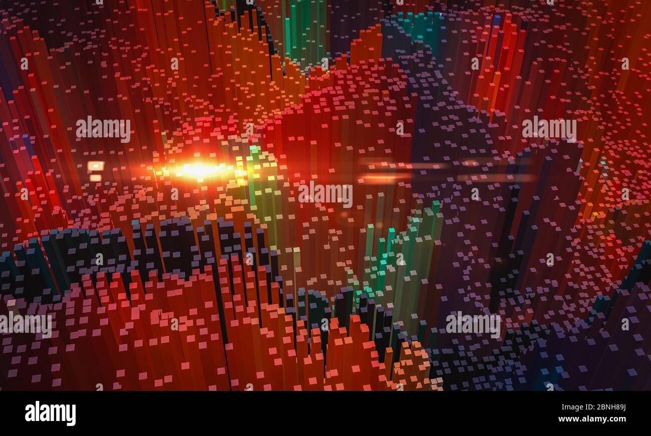 Abstract background, small colorful block in red color with lens, 3D ...