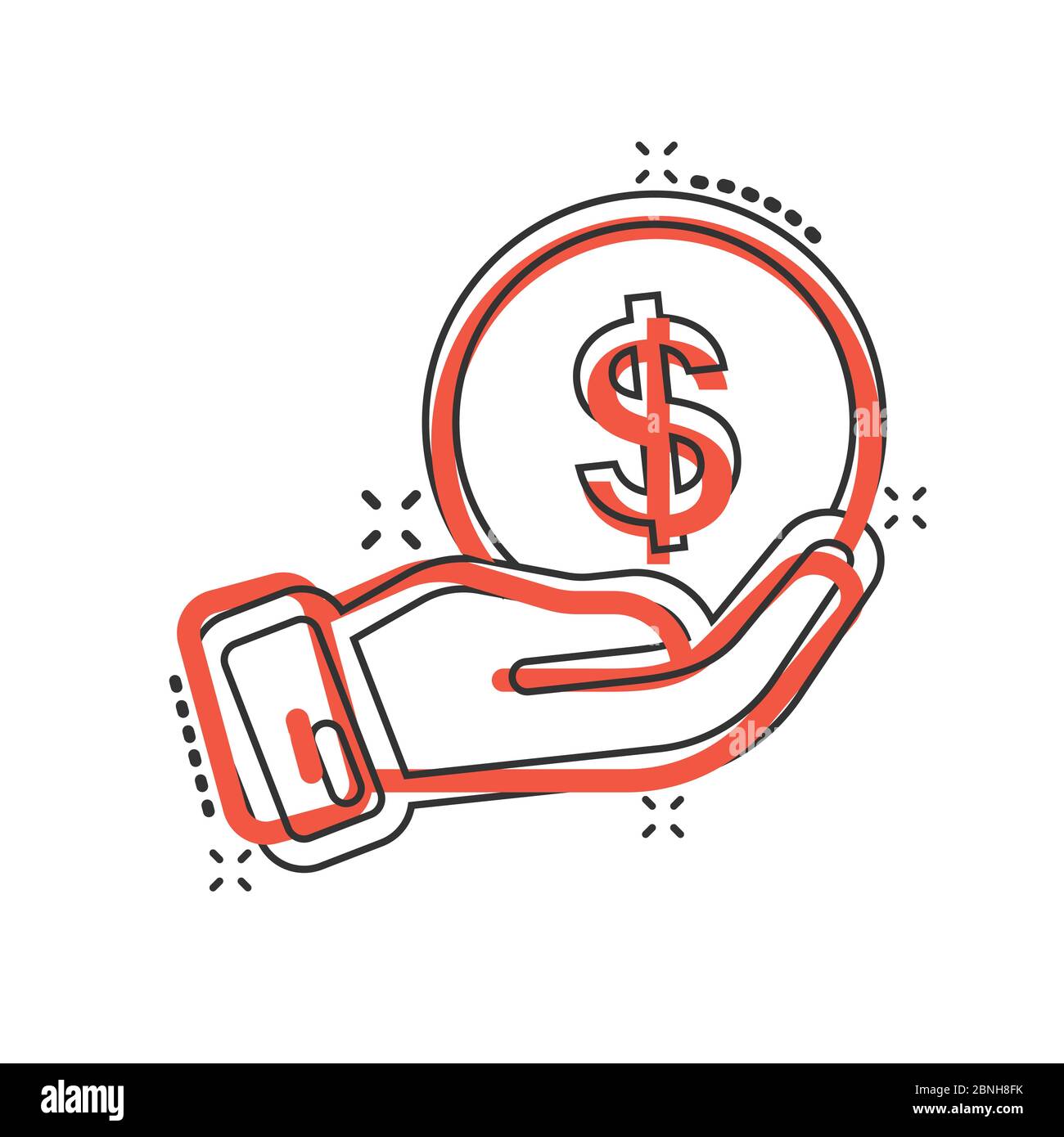 Remuneration icon in comic style. Money in hand cartoon vector ...