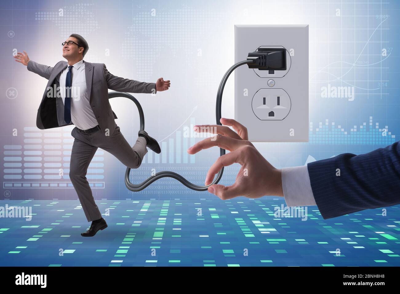 The businessman being powered by electricity and plug Stock Photo - Alamy