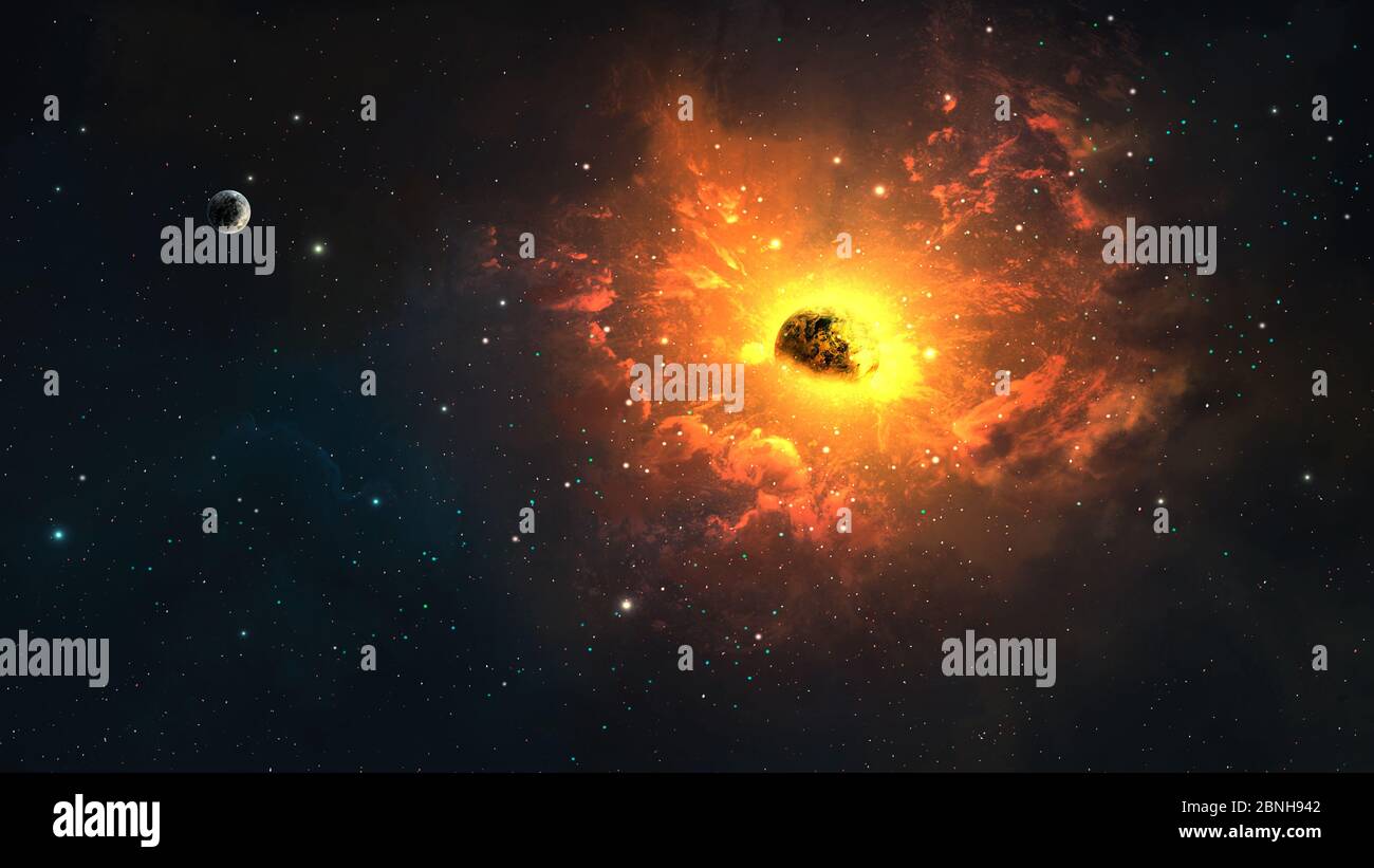 Space background. Planet explosion, sun shine in colorful nebula with ...