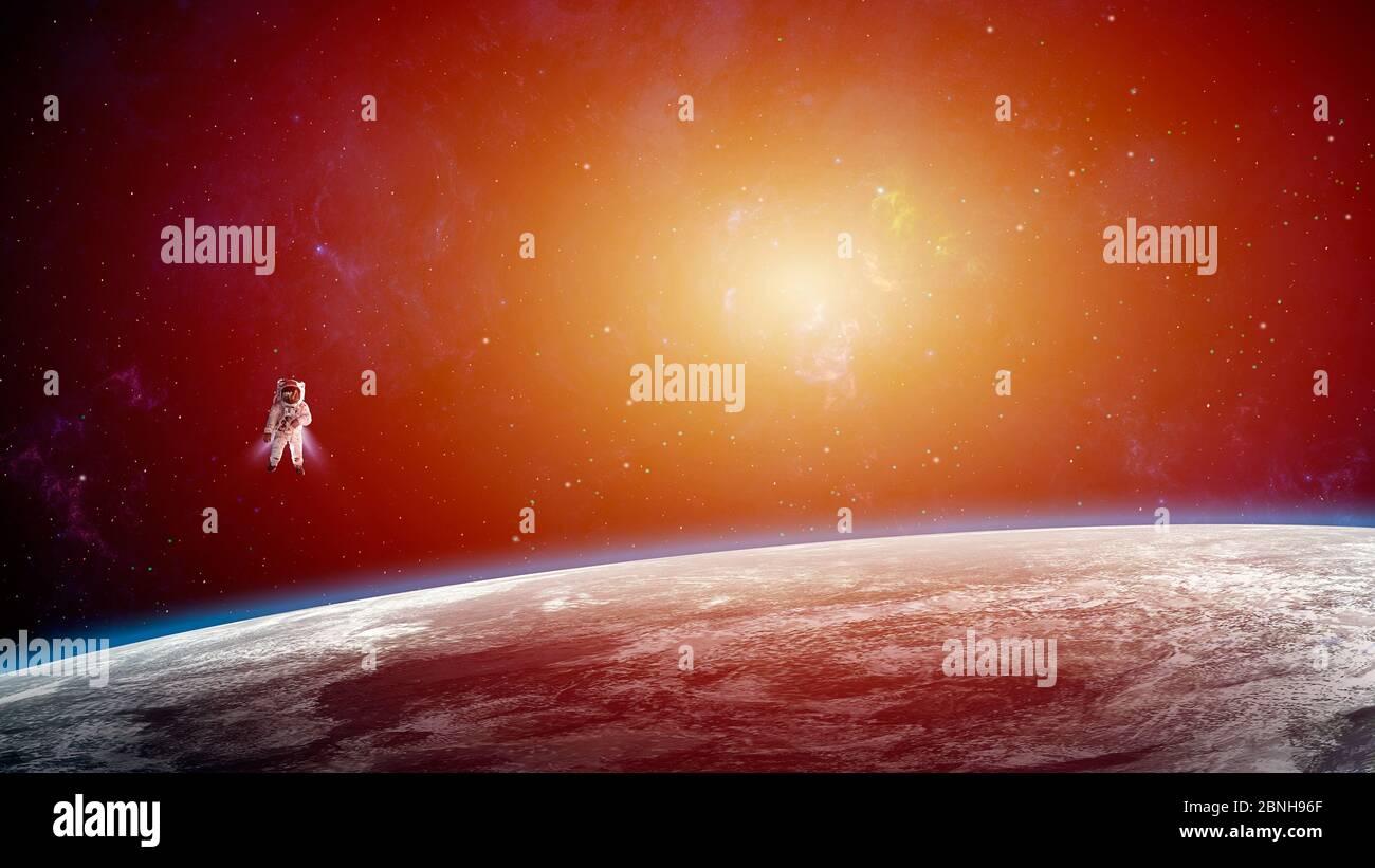 Space background. Astronaut fly above planet earth with nebula and sun ...