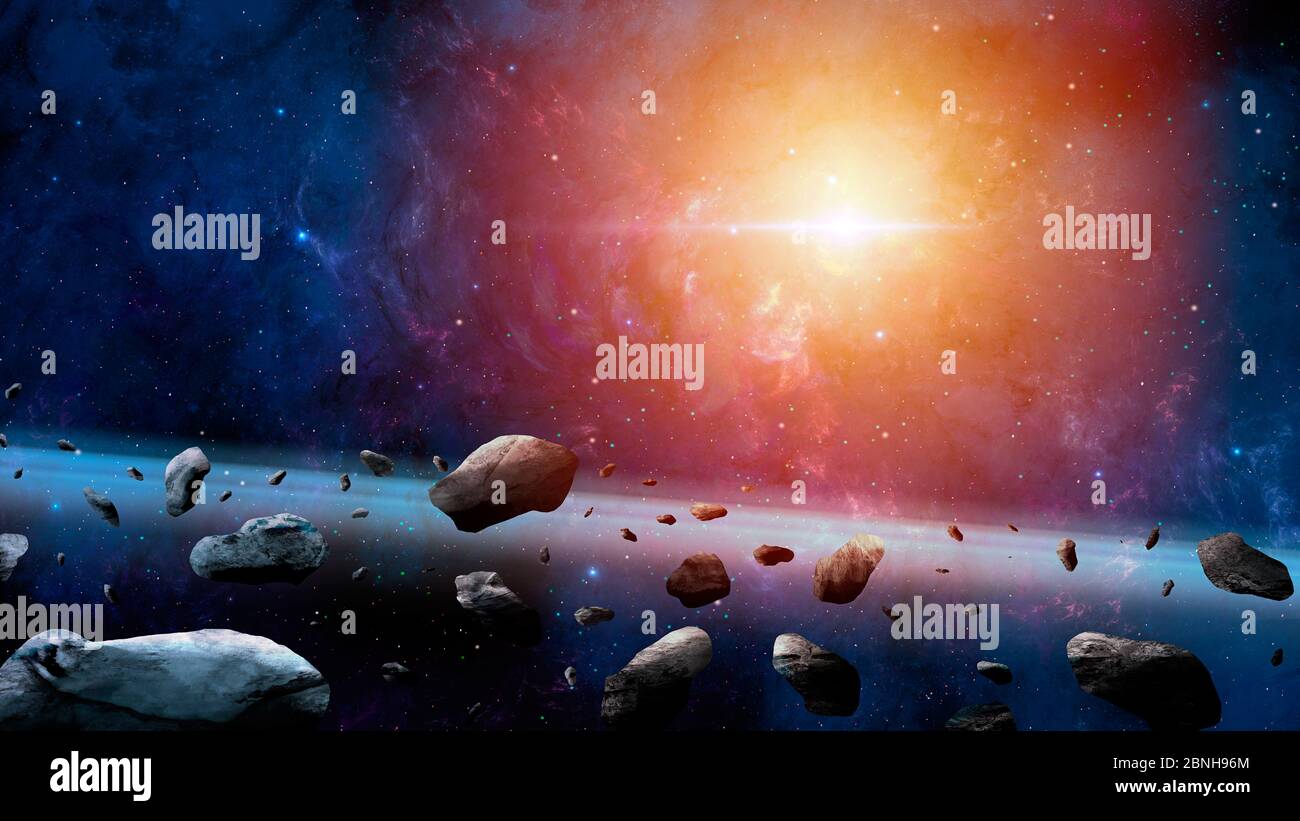 Space background. Asteroid belt fly in colorful fractal nebula. Elements furnished by NASA. 3D ...