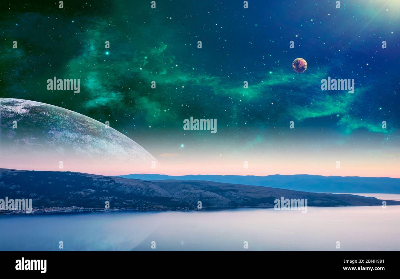 Space photo manipulation background. Sea with mountain, colorful nebula ...