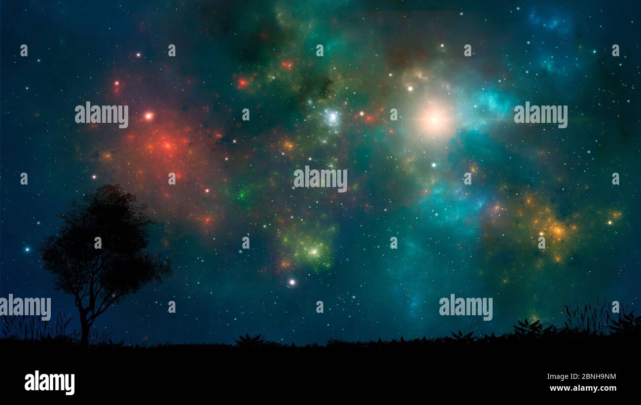 Space background. Colorful nebula with land and tree silhouette ...