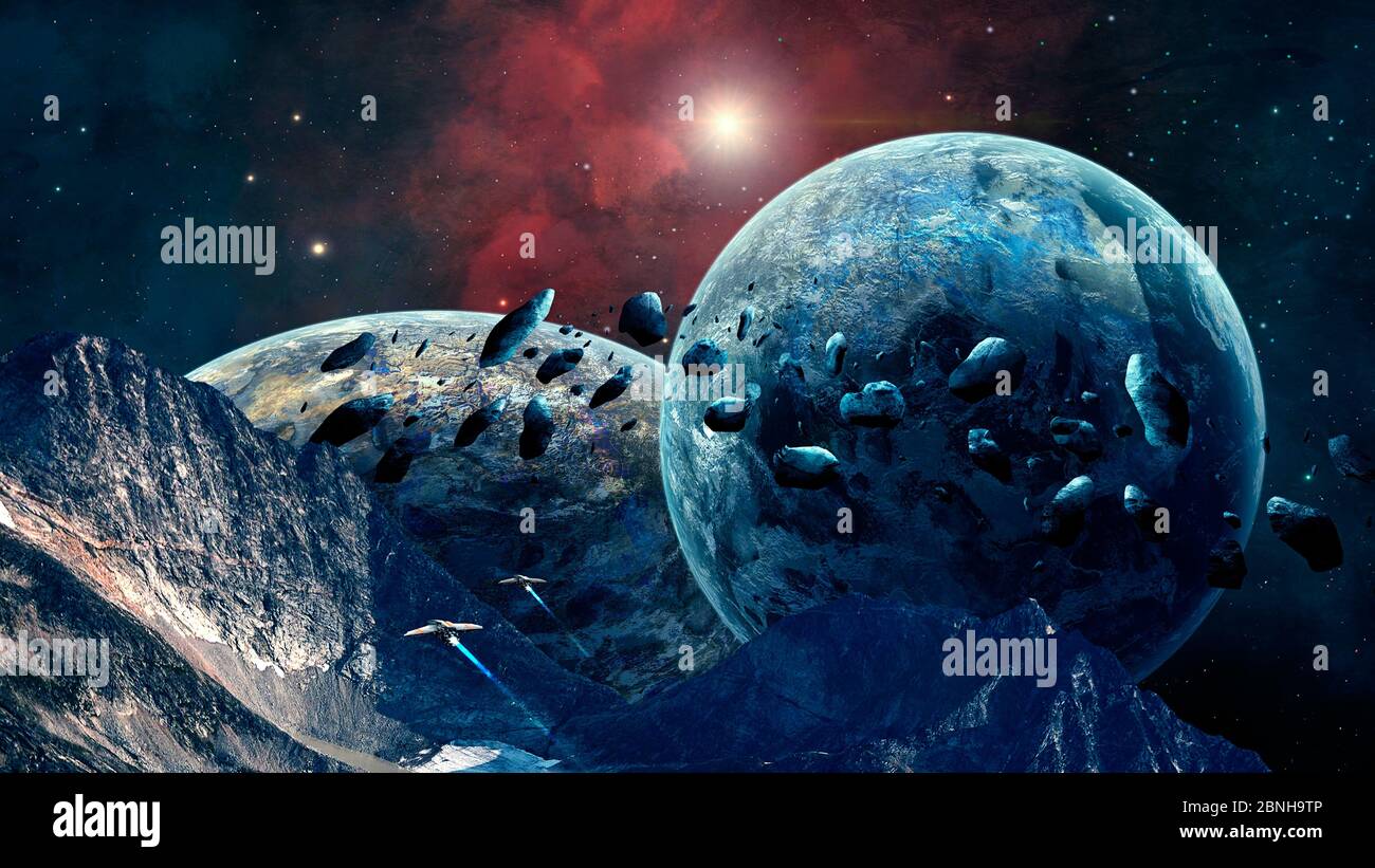 Space scene. Mountain with nebula, planet, asteroid and spaceship ...