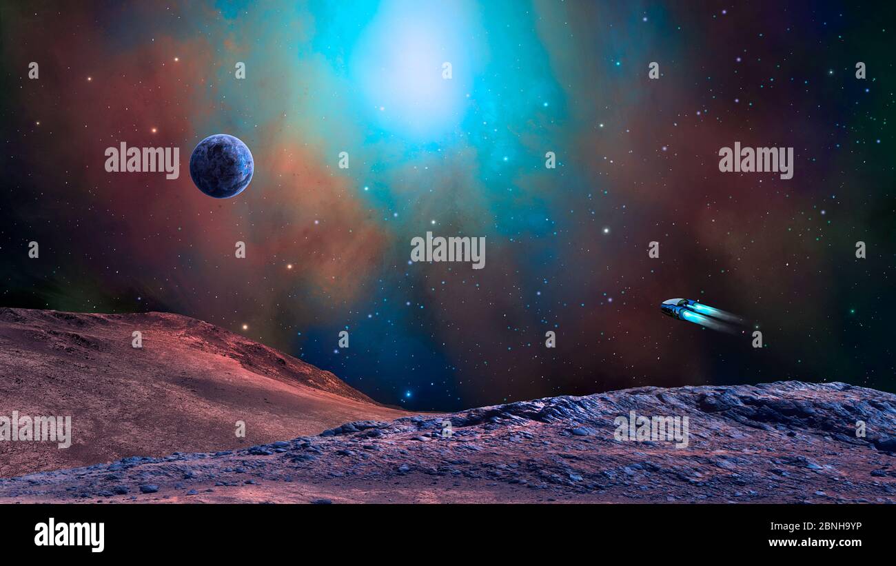 Space scene. Colorful nebula with planet, land and spaceship. Elements ...