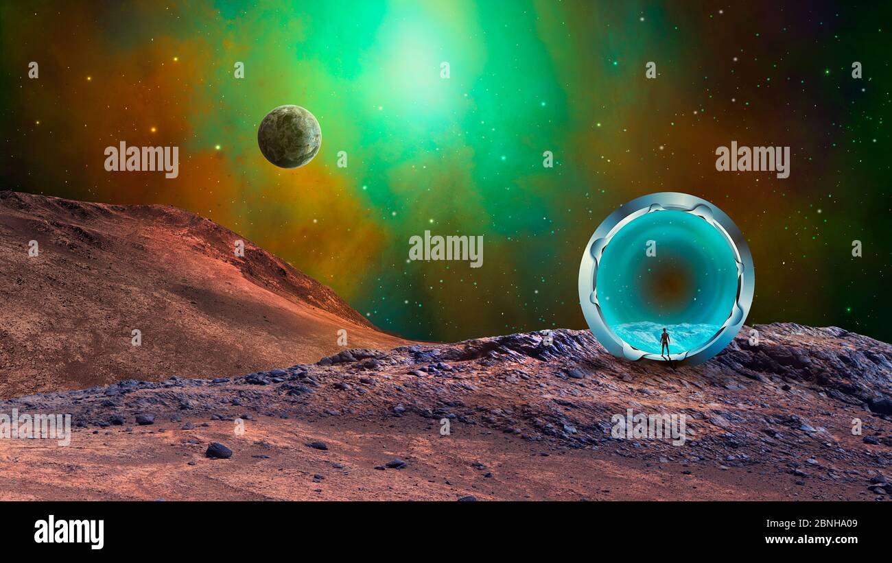 Space scene. Men standing in front of portal, gate on planet with ...
