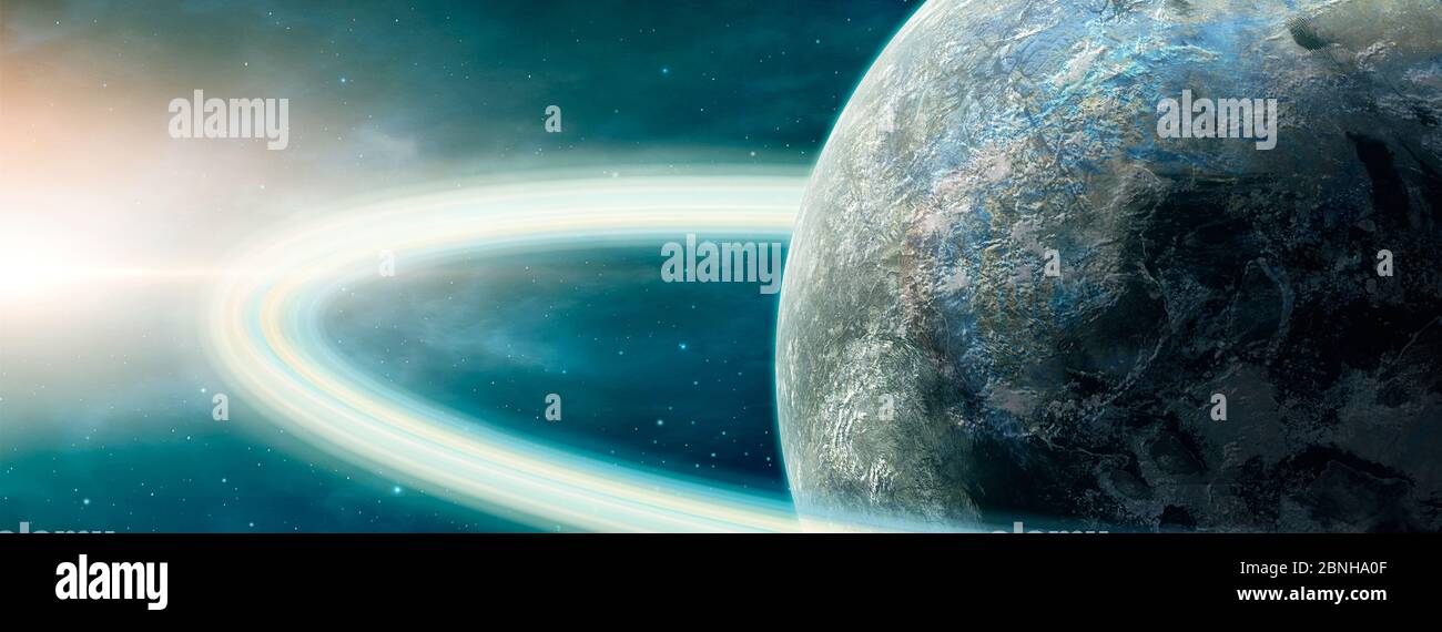 Panoramic space scene. Planet with ring and nebula.. Elements furnished ...