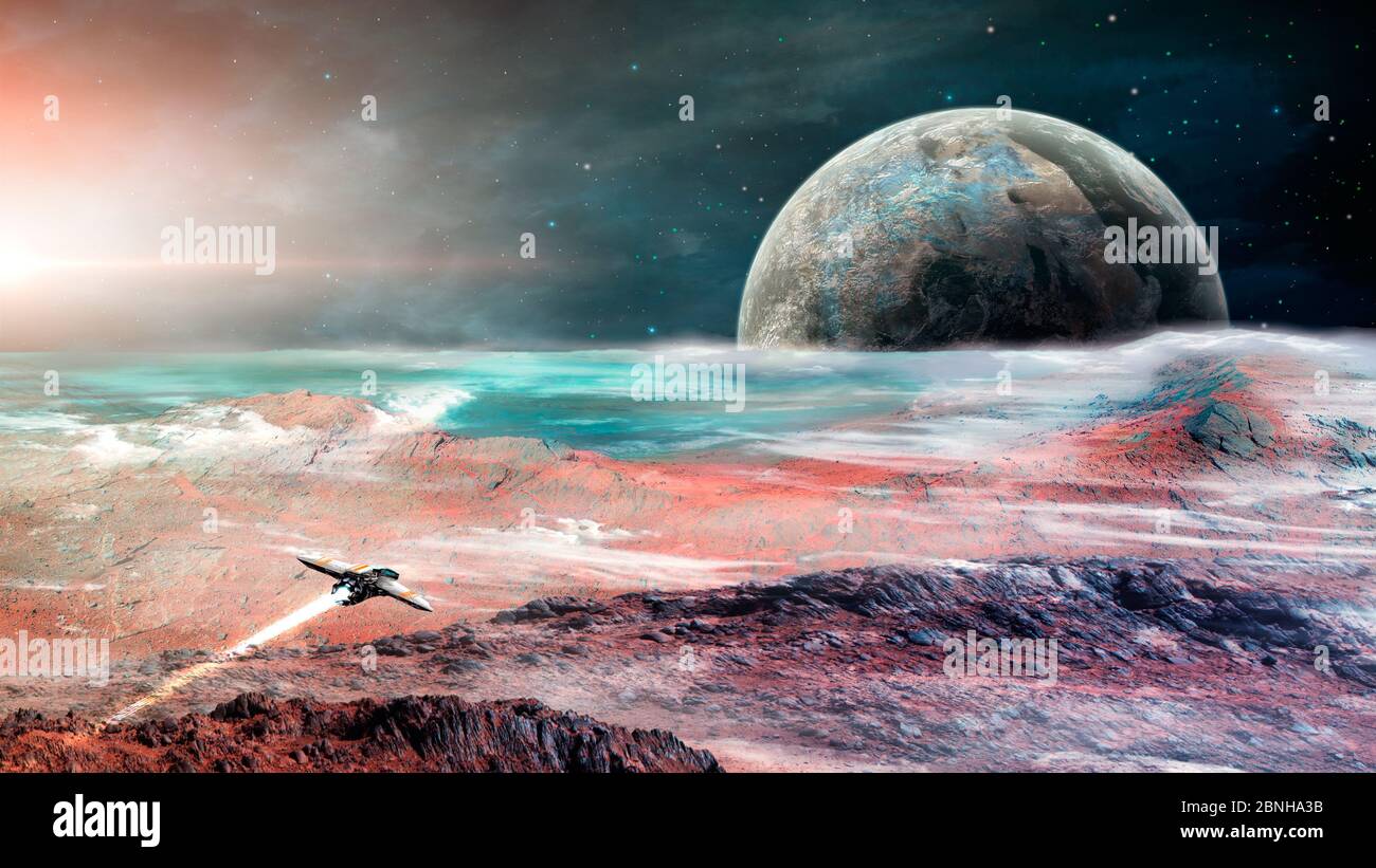 Space scene. Spaceship fly above rock with planet and star. Elements ...