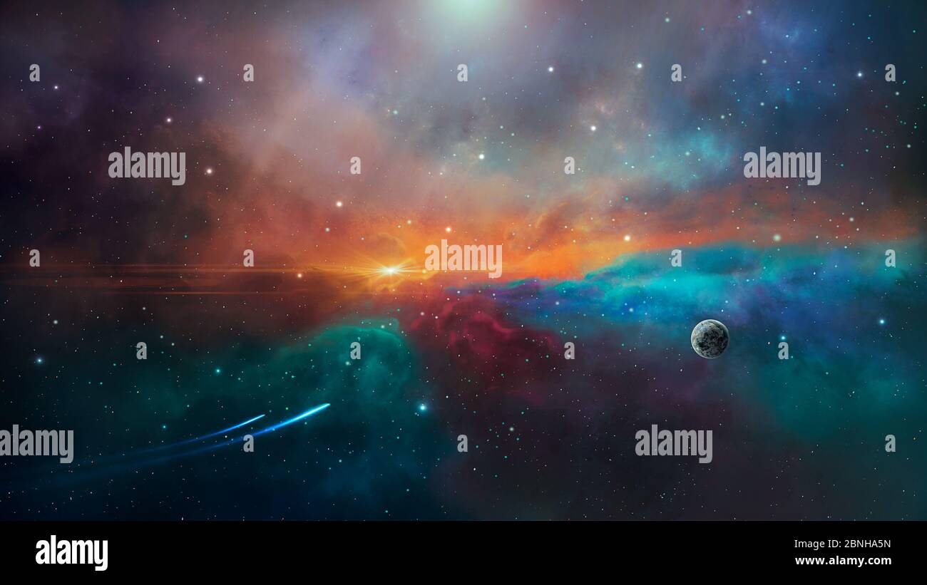 Space scene. Colorful nebula with planet and two trail. Elements ...