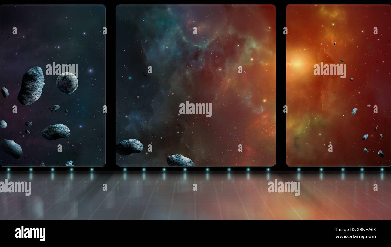 Space scene. 3D room with windows with colorful nebula, planet and ...