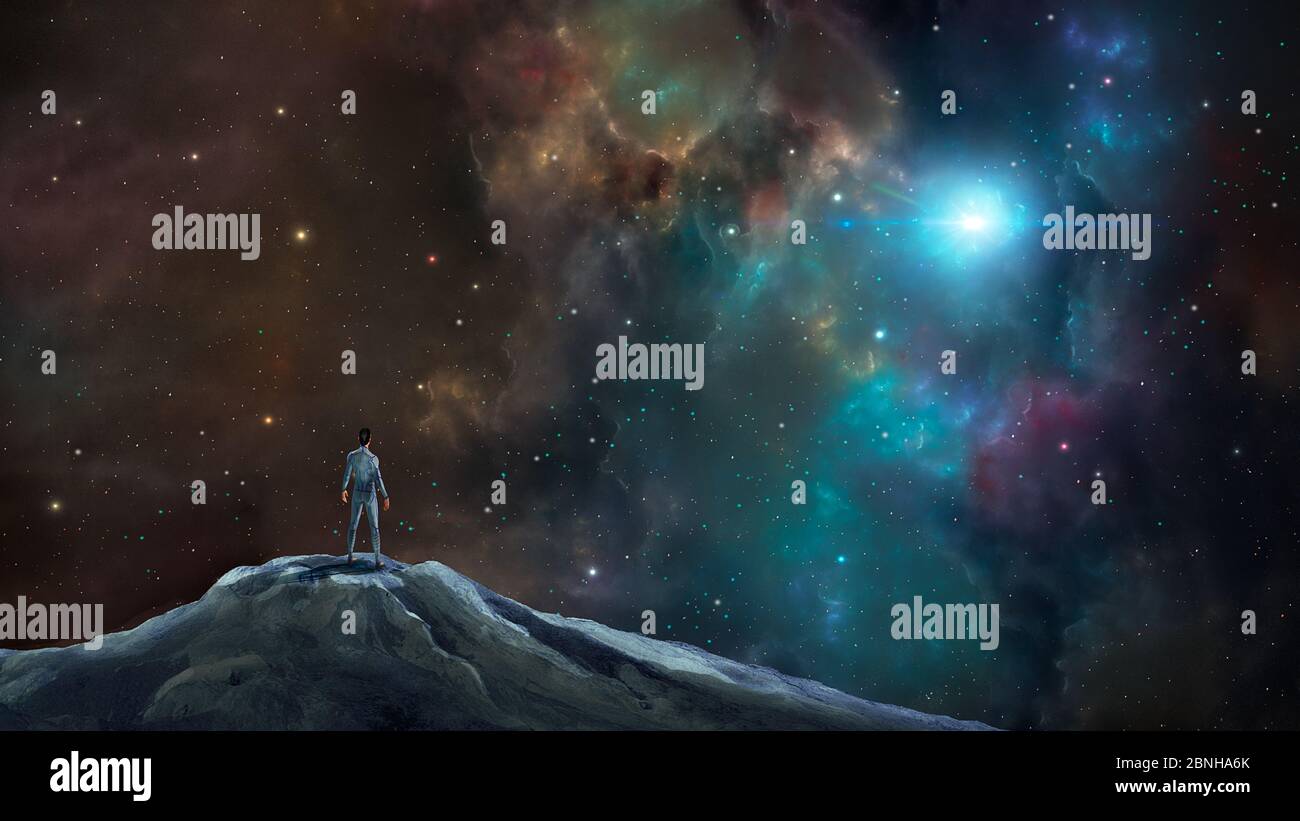 Space scene. Man stand on rock with colorful nebula and stars. Elements ...
