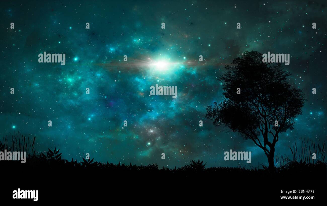 Space scene. Blue nebula with land and tree silhouette. Elements ...
