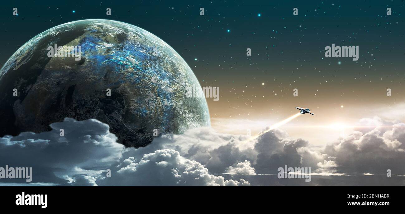 Space scene. Star sky with clouds, planet and spaceship. Elements ...