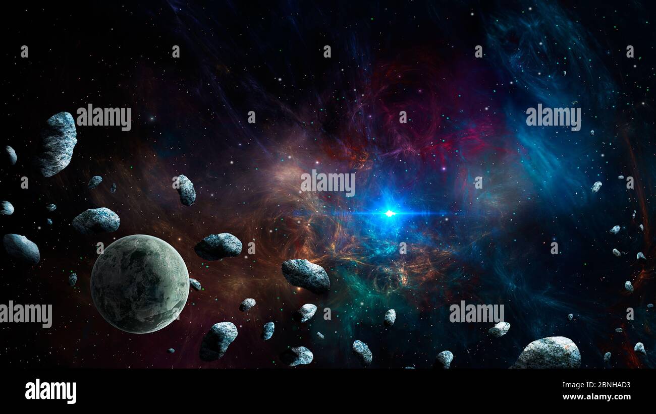 Space scene. Planet with asteroid and colorful fractal nebula. Elements ...