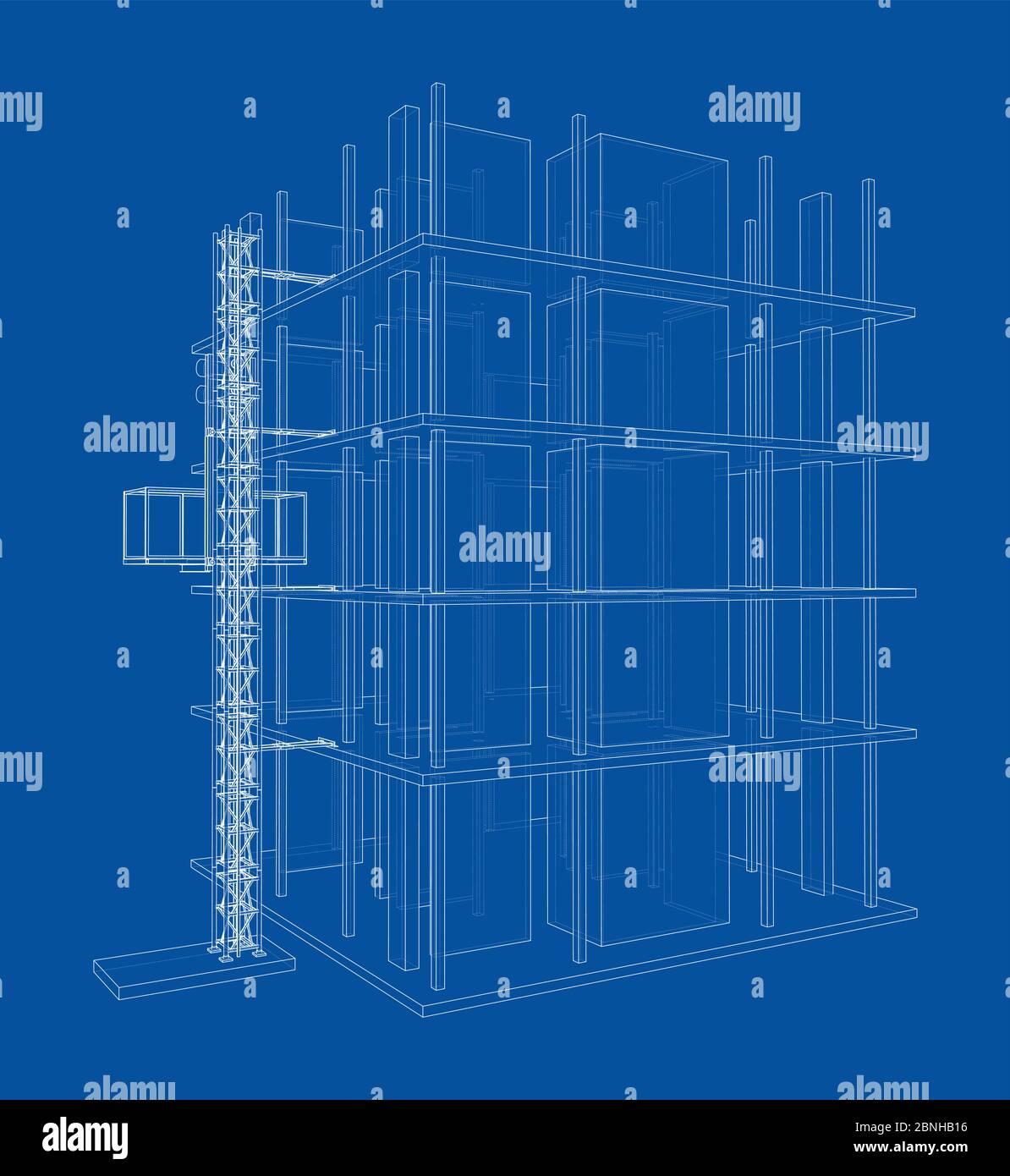 Building under construction with a mast lifts outline. Vector rendering ...