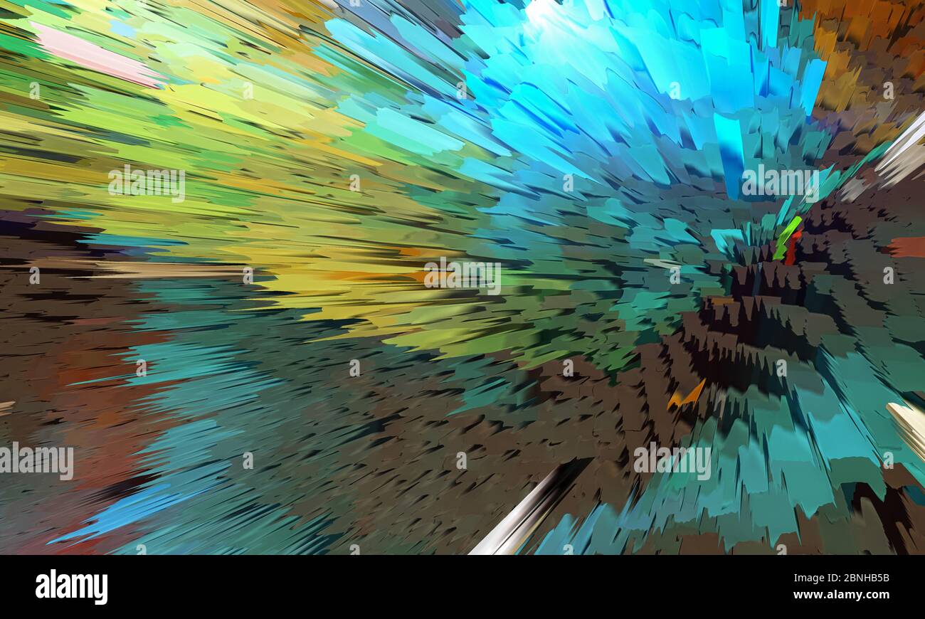 Abstract particle explosion in green and blue color. 3D illustration ...