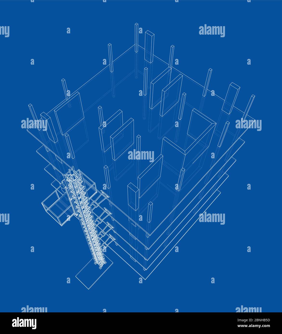 Building under construction with a mast lifts outline. Vector rendering ...