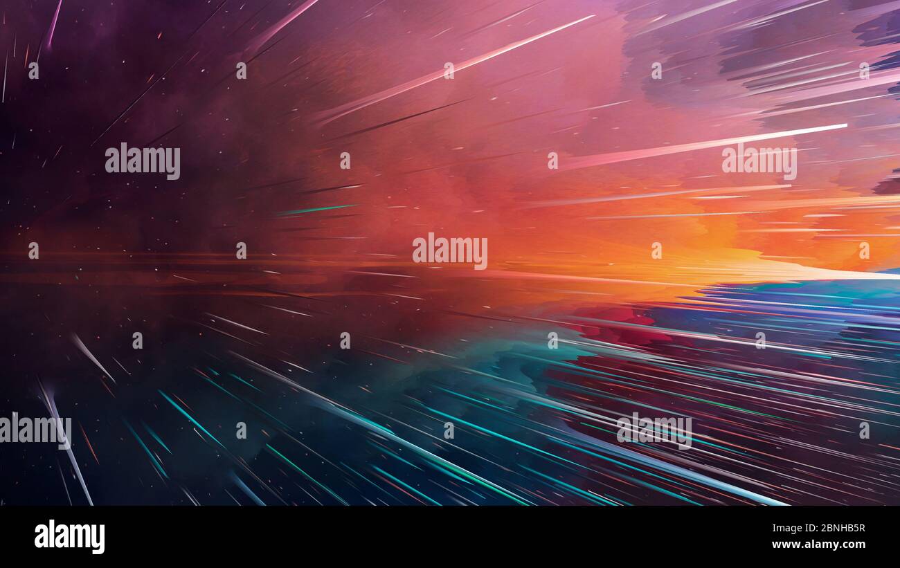 Abstract particle explosion in orage color with blue line. 3D ...