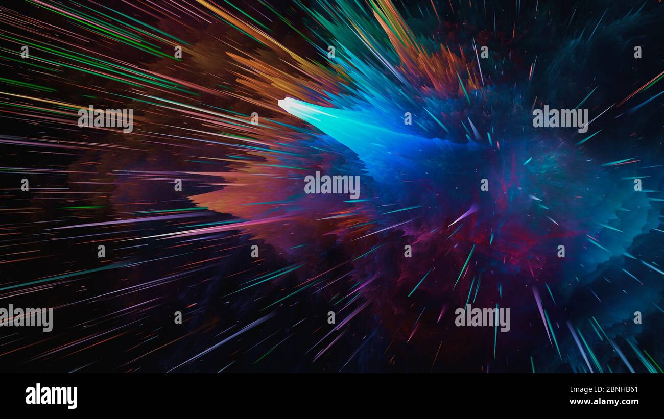 Abstract particle explosion in blue color with green line. 3D ...