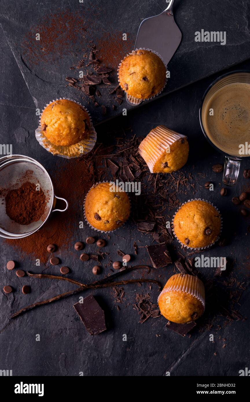 Plain mini muffins with chocolate chips on dark grey stone Stock Photo ...