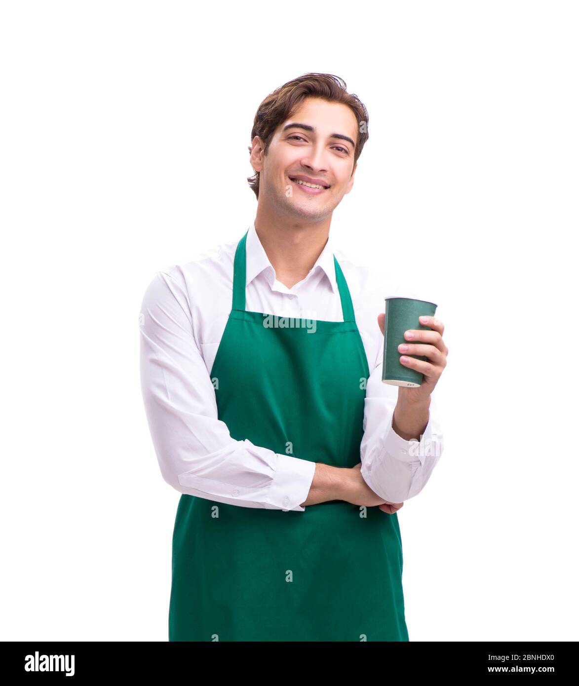 The young barista isolated on white background Stock Photo - Alamy
