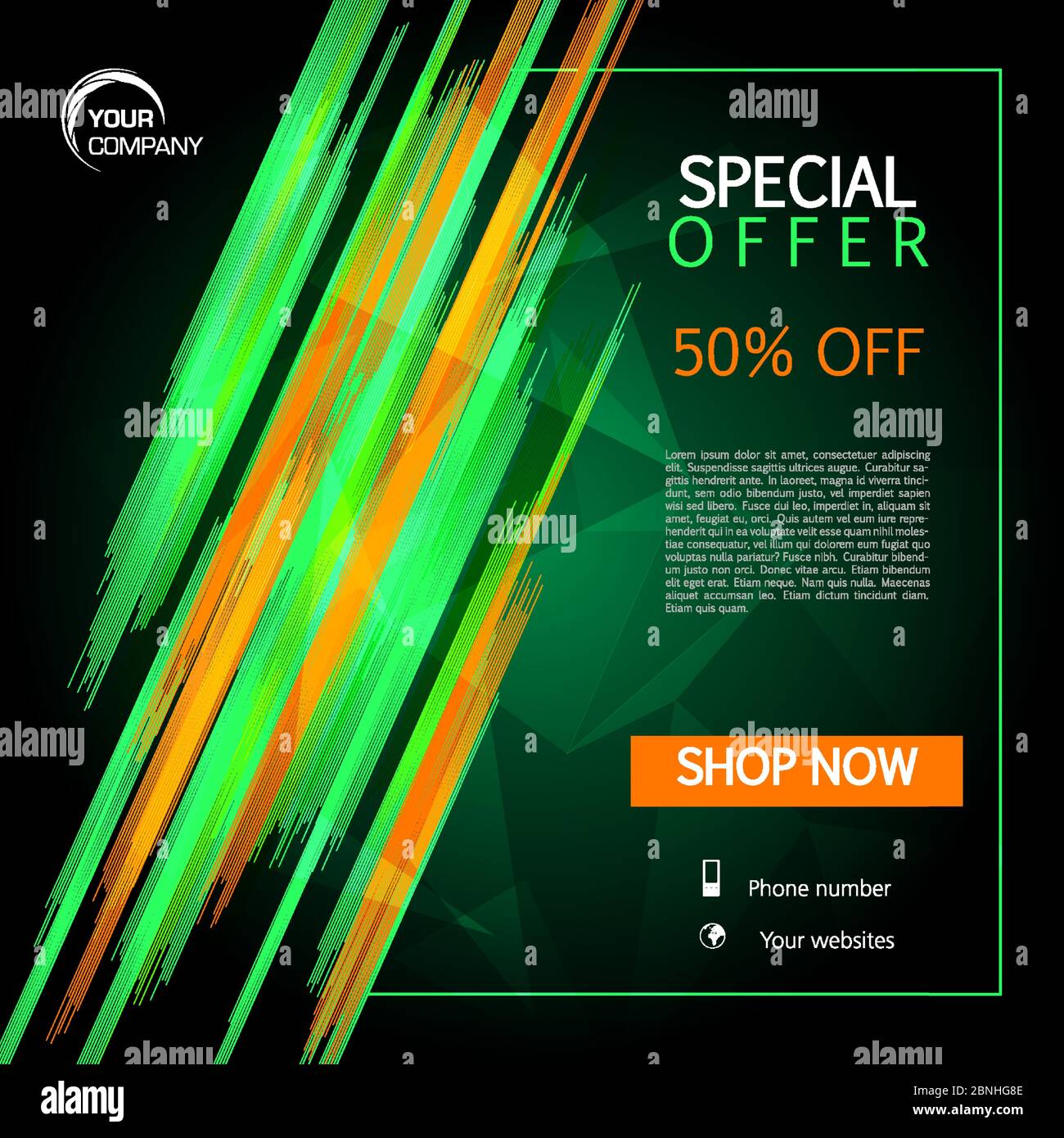 Special offer web banner with splash stroke in green and orange color ...