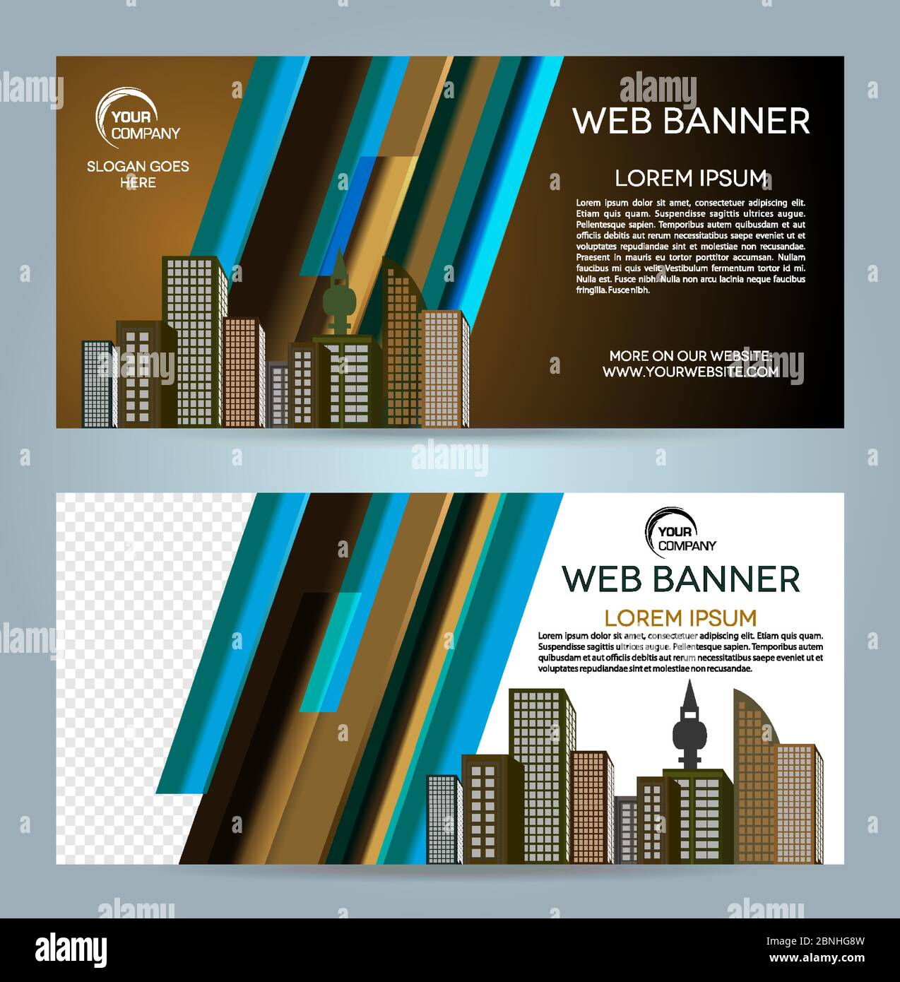 Set of two vector colorful web banner with city silhouette in brown ...