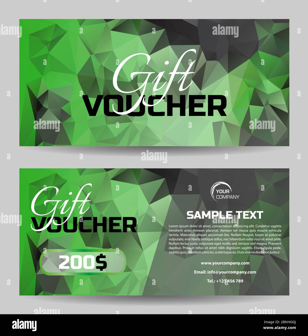 Luxury vector two side gift voucher with low poly triangle background ...