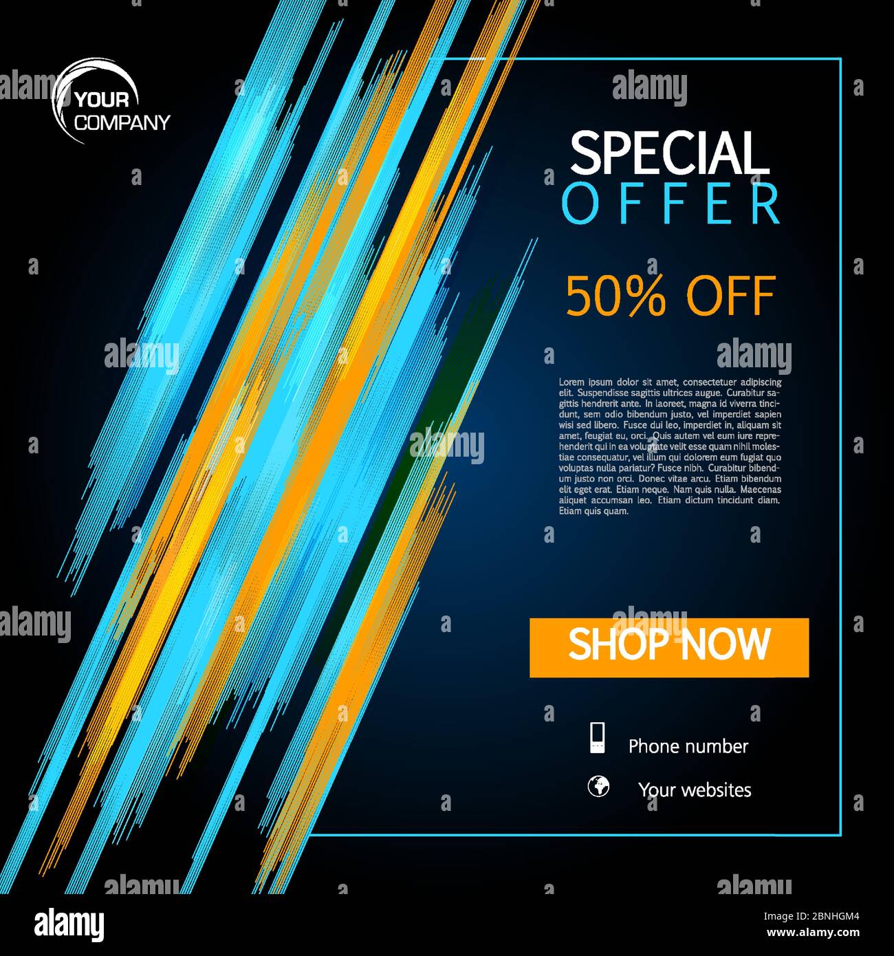 Special offer web banner with splash stroke in blue and orange color ...