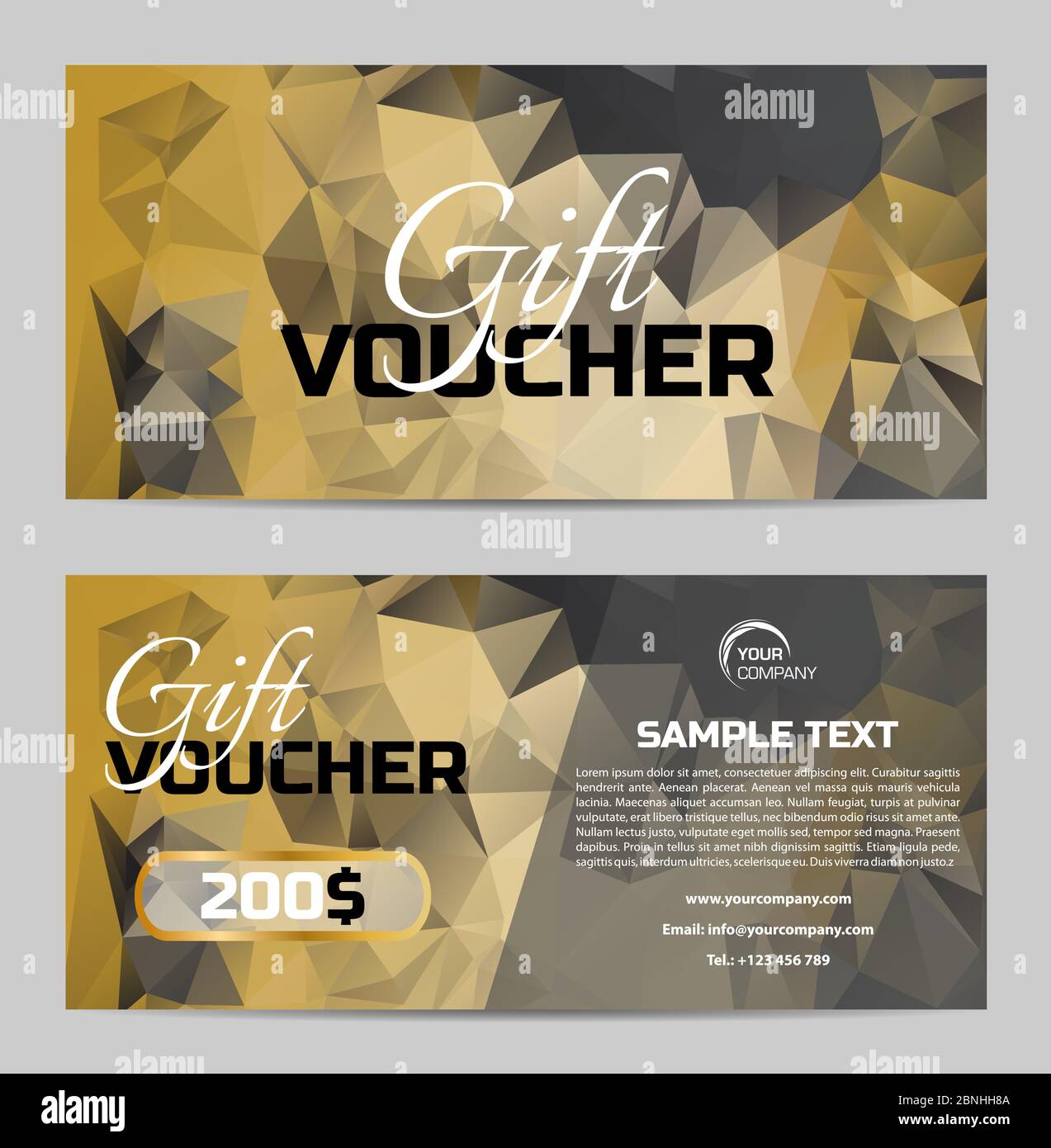 Luxury vector two side gift voucher with low poly triangle background ...