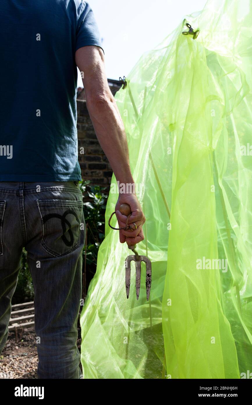 Man in Garden with Fork Stock Photo - Alamy
