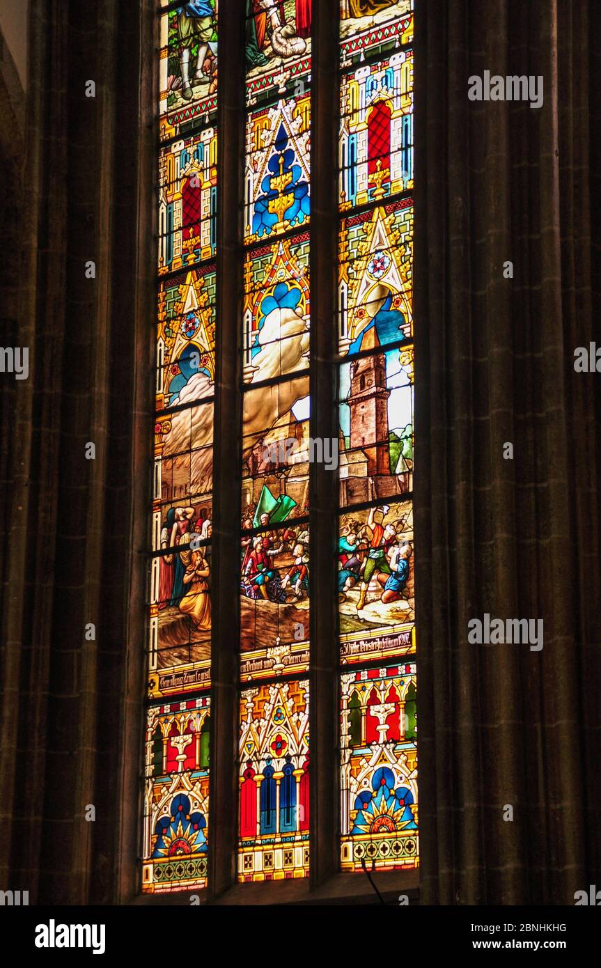 Stained glass window illustrated the Story of the fight against the ...