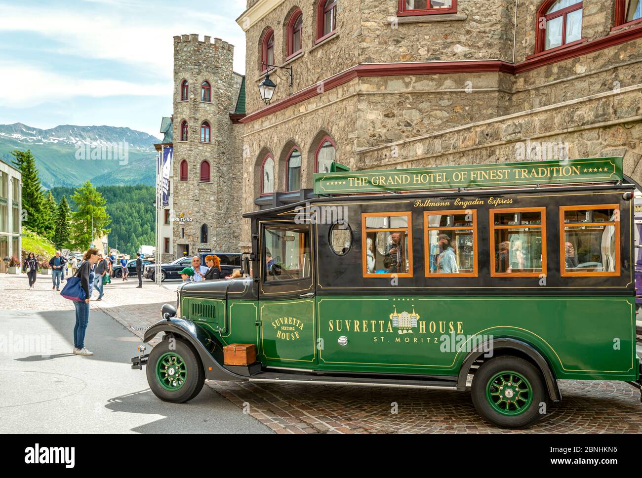 Suvretta House Hotel Ford Vintage bus in front of the Badrutts Palace ...