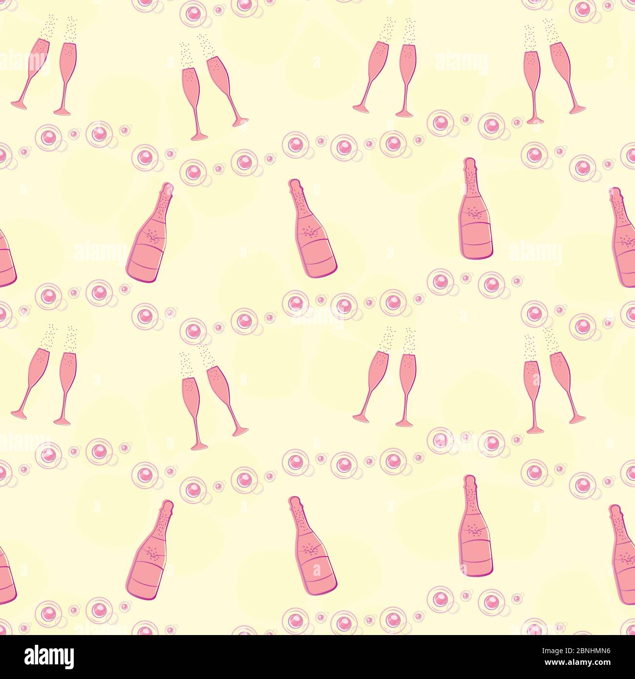 Champagne bubbles vector seamless pattern background. Horizontal chains of fizzy drops, bottles ...