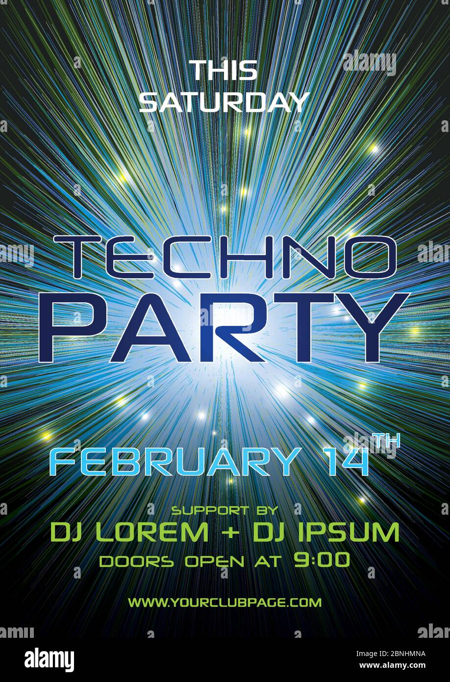 Techno party vector flyer template with green and blue exlosion, tunnel ...