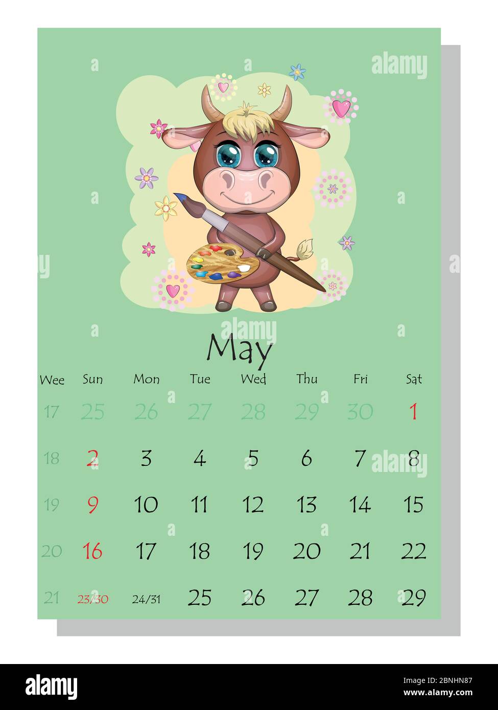 Calendar 2021. Cute bull and cow for every month Stock Vector Image ...