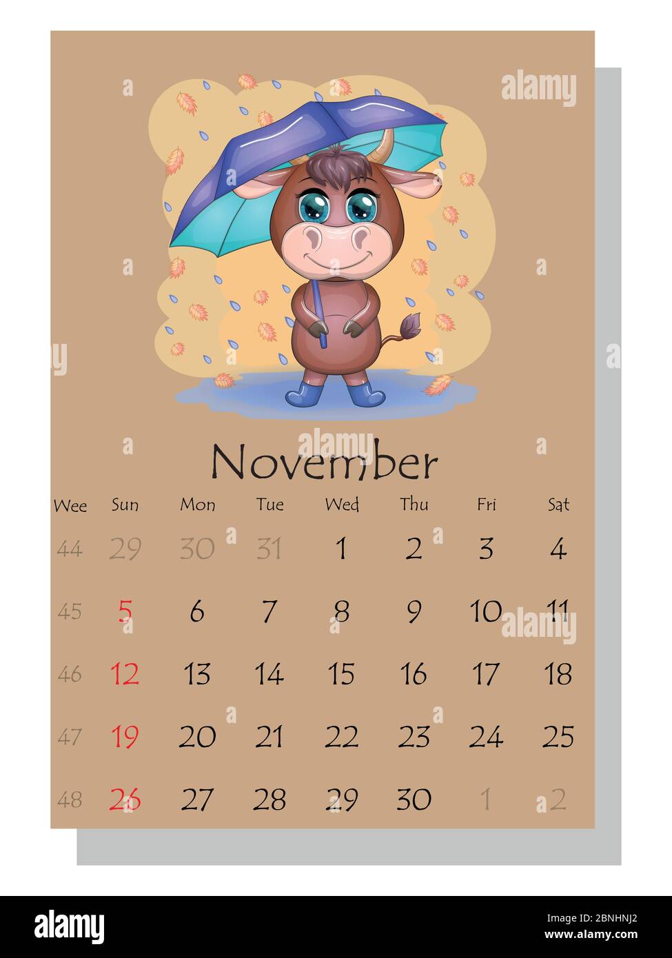 Calendar 2021. Cute bull and cow for every month Stock Vector Image ...