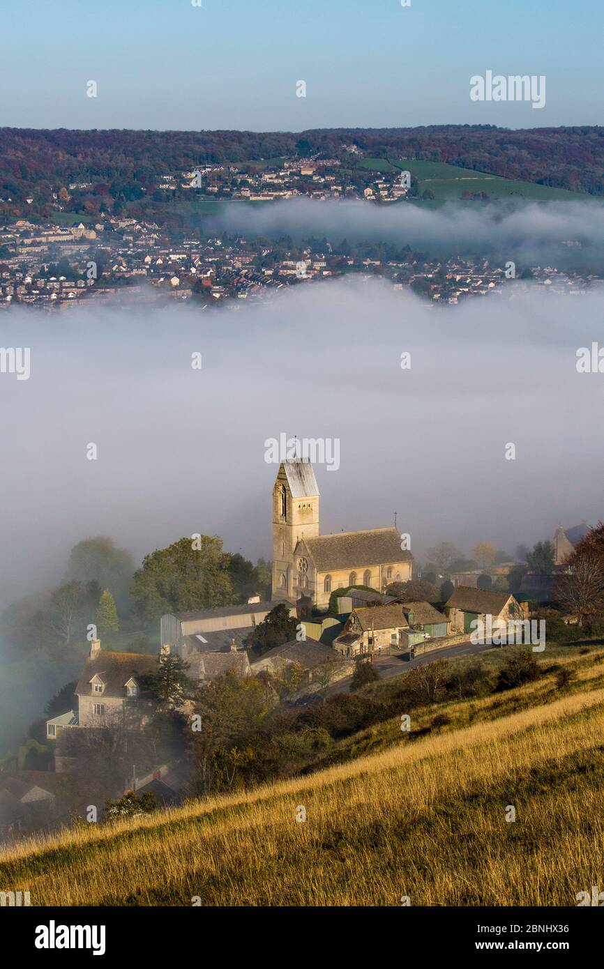 Selsley church shrouded in mist, Selsley Common, Gloucestershire, UK ...